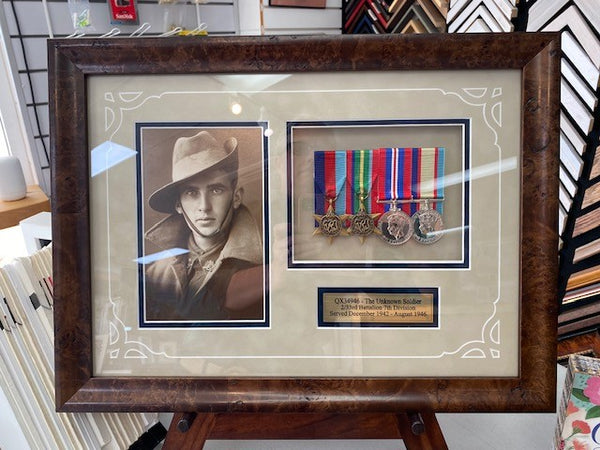 War Medals in a Frame with photo and plaque – TJ Picture Framing